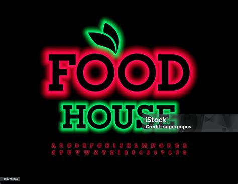 Vector Colorful Signboard Food House Glowing Alphabet Letters And Numbers Set Stock Illustration