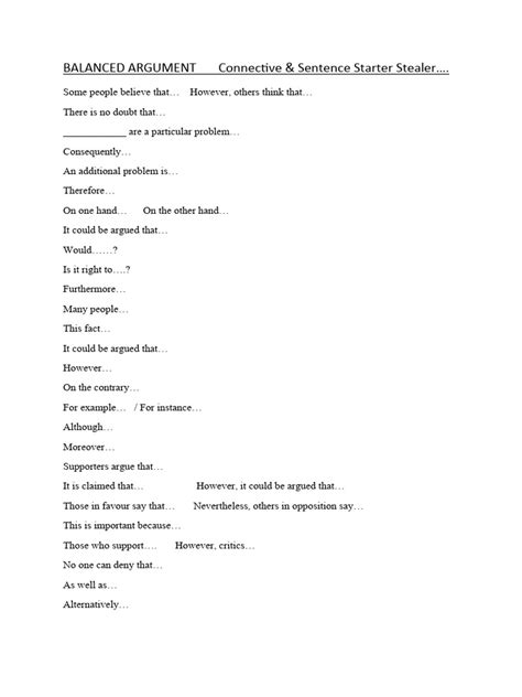 Balanced Argument Connectives Sentence Openers Pdf