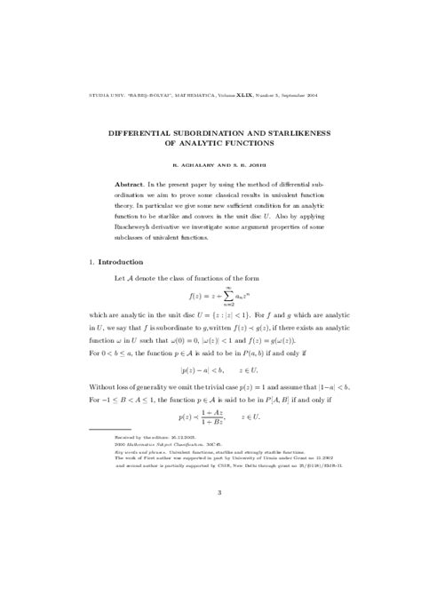 Pdf A Differential Subordination And Starlikeness Of Analytic Functions