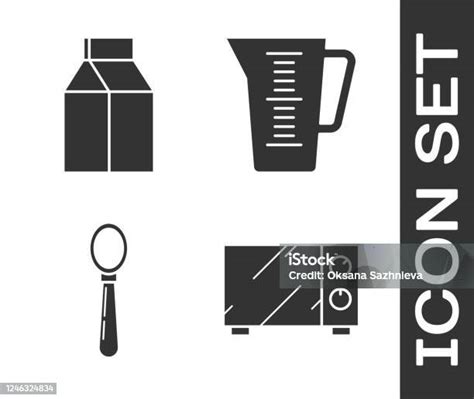 전자 레인지 세트 우유용 종이 패키지 숟가락 및 계량 컵 아이콘 벡터 가정 생활에 대한 스톡 벡터 아트 및 기타 이미지 가정