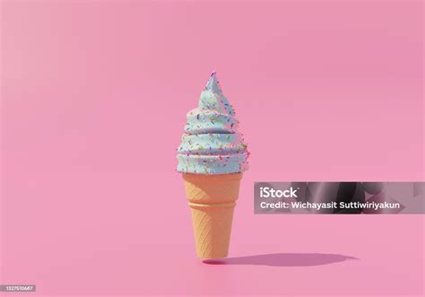 3d 렌더링 와플 콘 아이스크림 페퍼민트 맛과 딸기 맛 뿌려 토핑 맛있게 다채로운 초콜릿 그것은 파스텔 분리 핑크 배경을 가지고