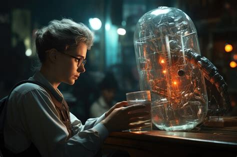 Young Woman At Bar Observing Glowing Robot In Glass Cylinder Futuristic Aihuman Interaction