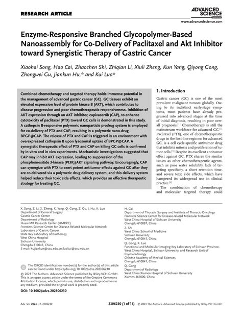 Pdf Enzyme‐responsive Branched Glycopolymer‐based Nanoassembly For Co‐delivery Of Paclitaxel