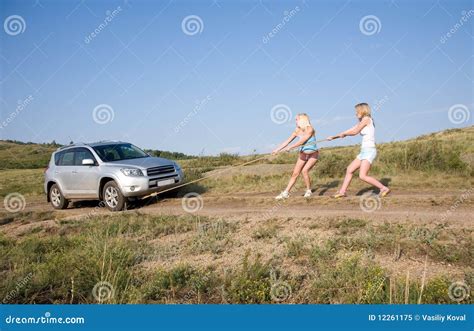Girls Tugging Car Stock Image Image Of Haulage Summer 12261175