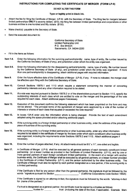 Instructions For Completing The Certificate Of Merger Form Lp 9 Printable Pdf Download