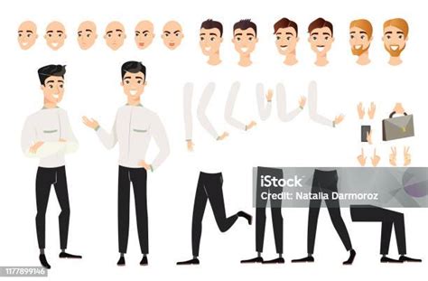 신체 부위의 다양한 위치로 설정 잘 생긴 남자의 벡터 그림 다양한 보기 포즈 얼굴 감정 이발과 흰색에 고립 된 머리 색상에 검은 머리를 가진 만화 남성 캐릭터 만화에 대한