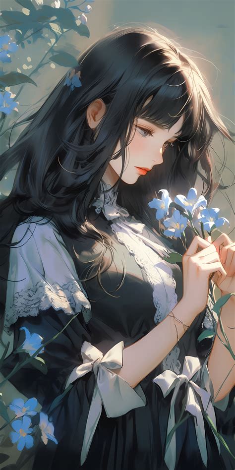 Download Wallpaper 1536x3072 Girl Dress Flowers Bows Anime Hd