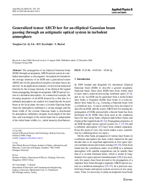 Pdf Generalized Tensor Abcd Law For An Elliptical Gaussian Beam Passing Through An Astigmatic