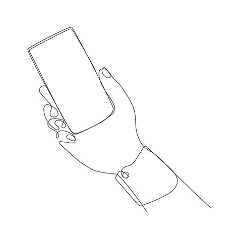 손을 잡고 현대 스마트폰 연속 선 그리기 인간의 손에 Vectorsmartphone 최소한의 예술입니다 프리미엄 벡터