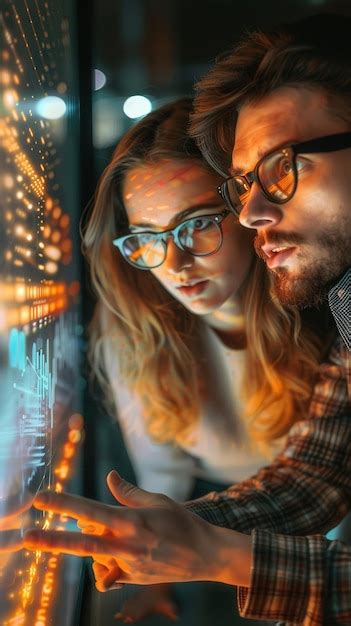 Couple Analyzing Data On Screen At Night Premium Ai Generated Image