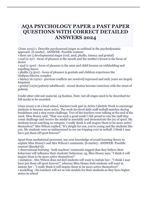 aqa psychology paper 2 past paper questions with correct detailed