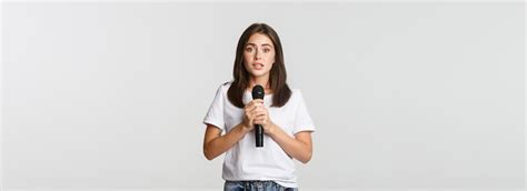 Free Photo Shy Cute Brunette Girl Scared Of Singing In Public