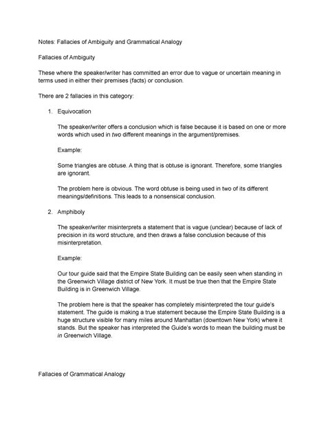 Notes Logical Error Fallacies Of Ambiguity And Grammatical Analogy