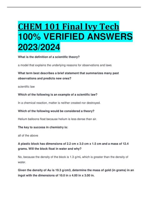 Chem 101 Final Ivy Tech 100 Verified Answers 20232024 Chem 101