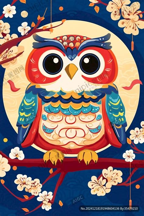 Ai创作图民族风猫头鹰 原创卡通猫头鹰 猫头鹰包装袋插画 花好月圆包装插画 猫头鹰绘本插画 民族风包装插画 喜庆风插画 手绘猫头鹰插画 原创