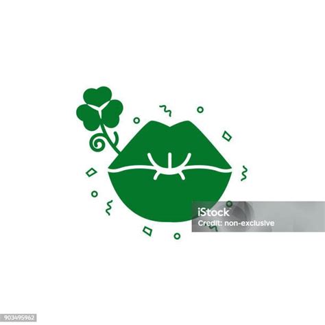토끼풀 공장고립 된 배경에 플랫 실루엣 입술 클로버 기호로 행운 키스입니다 행운 행운과 세인트 패 트 릭의 날 축 하의 상징 3월에 대한 스톡 벡터 아트 및 기타 이미지