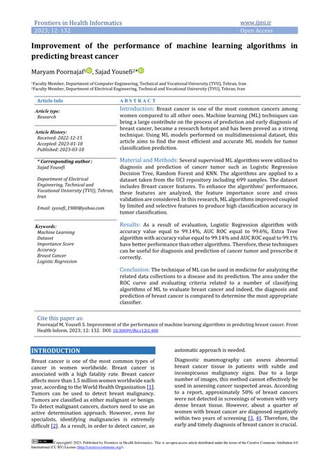 Pdf Improvement Of The Performance Of Machine Learning Algorithms In Predicting Breast Cancer