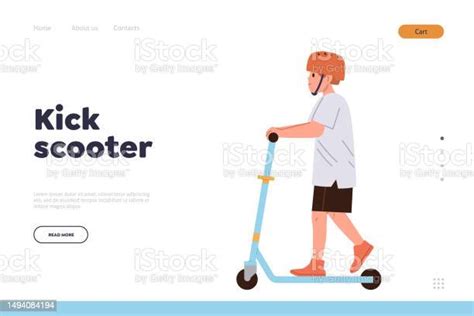 전기 에코 운송을 사용하는 소년 아이 캐릭터가 있는 킥 스쿠터 랜딩 페이지 디자인 템플릿 킥보드에 대한 스톡 벡터 아트 및 기타 이미지 킥보드 스포츠 헬멧 아이