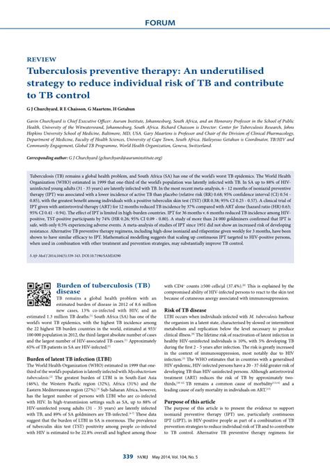 Pdf Tuberculosis Preventive Therapy An Underutilised Strategy To Reduce Individual Risk Of Tb