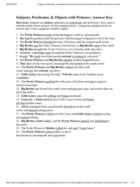 subjects predicates and objects with the pretty pr incess worksheet sentence structure