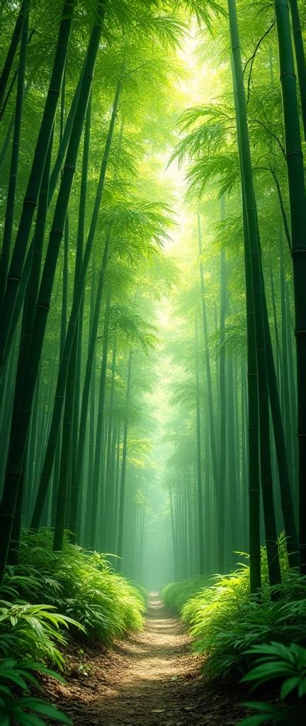 푸르른 대나무 숲 아름답고 섬세한 대나무 줄기 나뭇잎 사이로 비치는 햇빛 고요하고 고요한 분위기 유기적인 질감 Seaart Ai