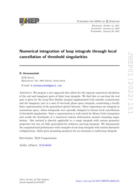 PDF Numerical Integration Of Loop Integrals Through Local Cancellation Of Threshold Singularities