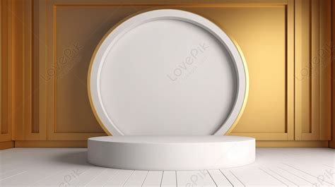 금색 배경과 원형 프레임을 갖춘 멋진 3d 흰색 연단 디스플레이 완벽한 프레젠테이션 3d 배경 연단 배경 제품 디스플레이