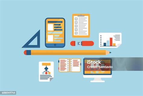 평면 스타일 Gui Ui Ux 응답 그래픽 사용자 인터페이스 프로토타입 생성 벡터 그림 웹 콜라주 데스크톱 컴퓨터 알고리즘 사용성 보고서 연필 자 검사 목록 아이콘 태블릿