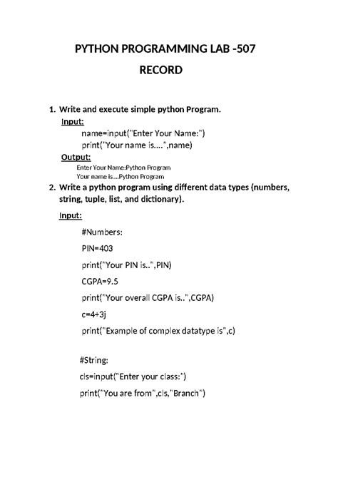 Python Programming LAB PYTHON PROGRAMMING LAB RECORD 1 Write And Execute Simple Python