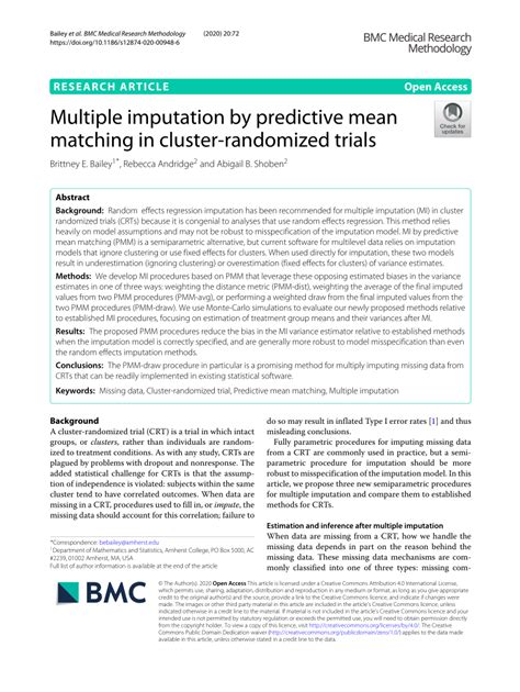 Pdf Multiple Imputation By Predictive Mean Matching In Cluster Randomized Trials