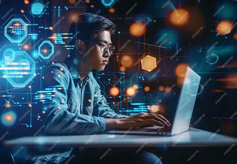 Photo Portrait Of A Software Developer Futuristic Coding With Glowing