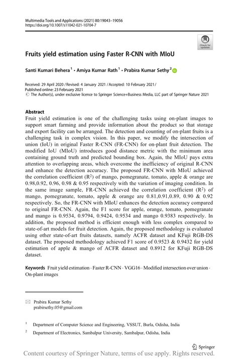 Fruits Yield Estimation Using Faster R Cnn With Miou Request Pdf
