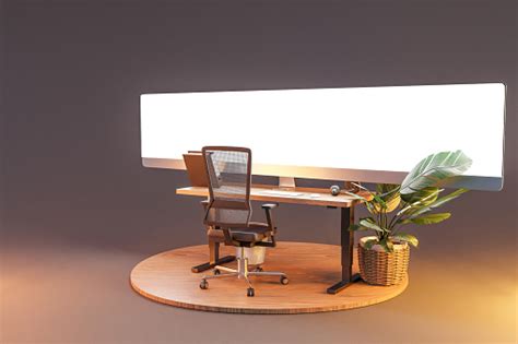 거대한 와이드스크린 모니터가 있는 나무 연단에 있는 단일 격리된 컴퓨터 작업 공간 프리랜서 및 홈 오피스 개념 3d