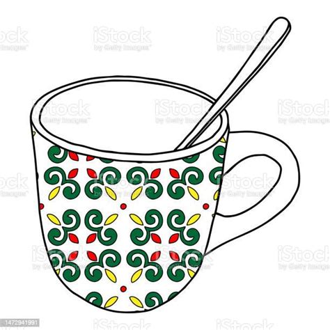 흰색 배경에 격리된 숟가락과 뜨거운 차 또는 커피가 있는 컵의 손으로 그림을 그립니다 그린 레드 옐로우 장식 귀여운에 대한 스톡 벡터 아트 및 기타 이미지 Istock