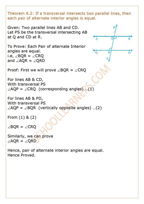 Theorem 6 2 Class 9 If A Transversal Intersects Two Parallel Lines Then Each Pair Of Alternate