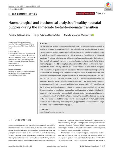 Hematological And Biochemical Analysis Of Healthy Neonatal Puppies During The Immediate Foetal