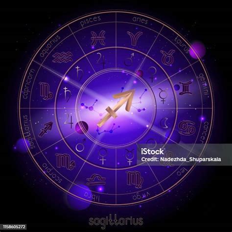 공간 배경에 대한 점성술 그림과 기호와 별자리 Sagittarius와 별자리 원의 벡터 그림 점성술 기호에 대한 스톡 벡터 아트 및 기타 이미지 Istock