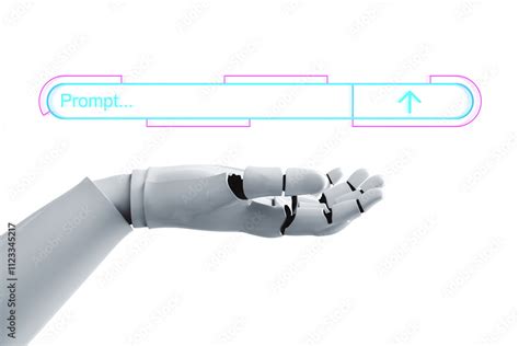 Robotic Hand Extending Beneath A Futuristic Glowing Search Bar Interface Isolated On White