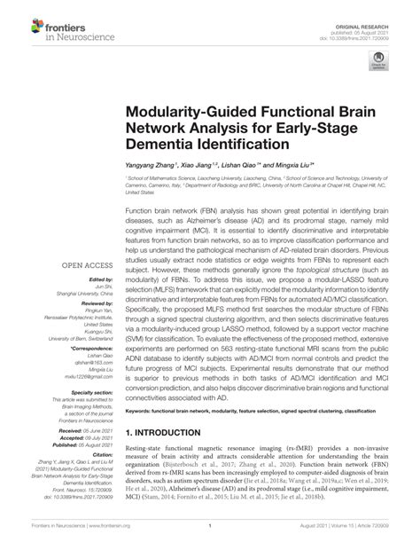 Pdf Modularity Guided Functional Brain Network Analysis For Early Stage Dementia Identification