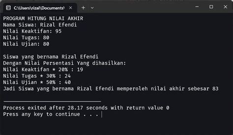 program c untuk menghitung nilai akhir seorang siswa dari kursus yang