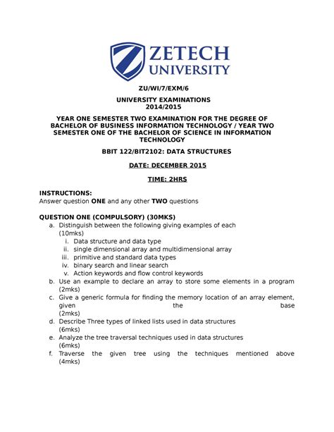 Bbit 122 Bit 2102 Data Structures Zuwi7exm University Examinations 2014 Year One Semester