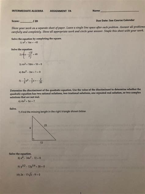 Solved Intermediate Algebra Assignment 7a Name Due Date See