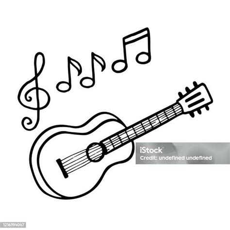 손으로 그린 기타와 악보 낙서 벡터 일러스트레이션 색칠하기 페이지 기타 현악기에 대한 스톡 벡터 아트 및 기타 이미지 기타 현악기 색칠하기 그리기 Istock