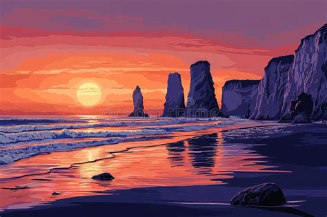 Sunset Sets In The West And Rocks By The Sea Stock Illustration