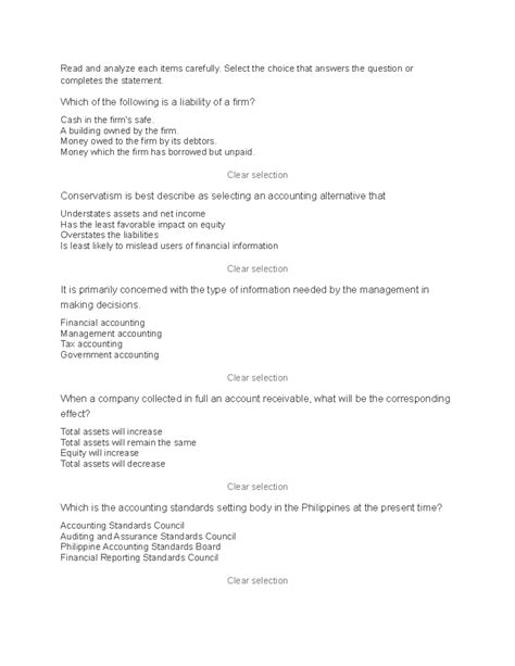 Read And Analyze Each Items Carefully Select The Choice That Answers The Question Or Completes