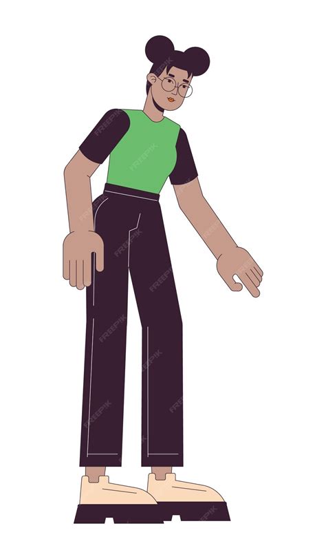 아래를 가리키는 아프리카계 미국인 젊은 여성 2d 선형 만화 캐릭터 흑인 소녀 아래를 가리키는 고립된 선 ⁇ 터 사람 백인 배경 추천 컬러 평평한 점 일러스트레이션