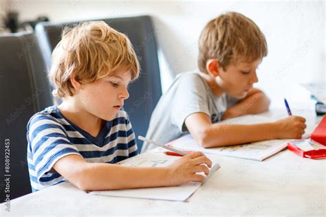 Two Boys Doing Homework Together Brothers Siblings And Twins Learning