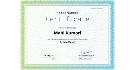 Mahi Kumari On Linkedin Python Hackerrank Certified Basic Certificate