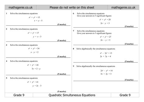 9 Quadratic Simultaneous Equations Ws Grade 9 Quadratic Simultaneous Equations