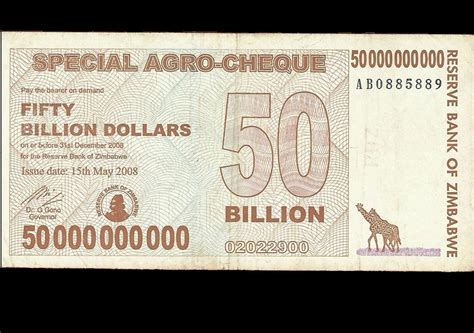Zimbabwe 50 Billion Dollar Zimbabwe 2008 Special Agro Cheque Banknote